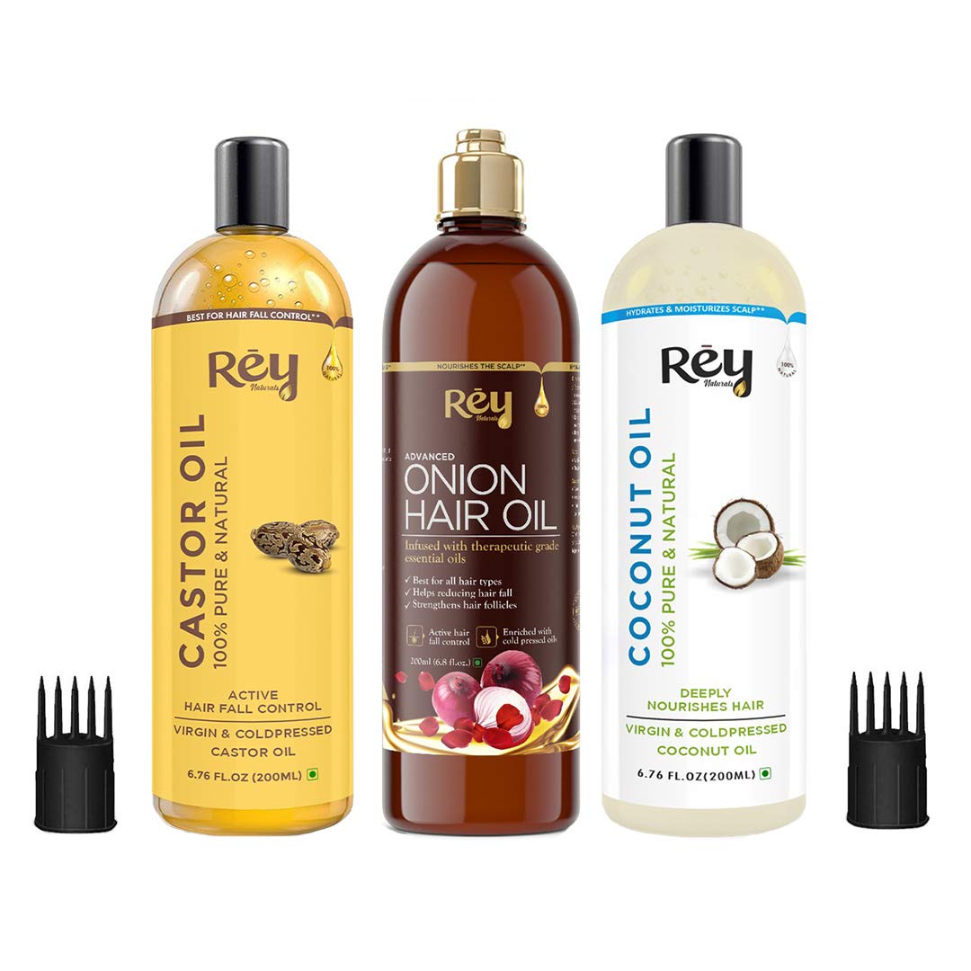 Rey Naturals® hair oils combo (Castor oil + Coconut oil + Onion oil)